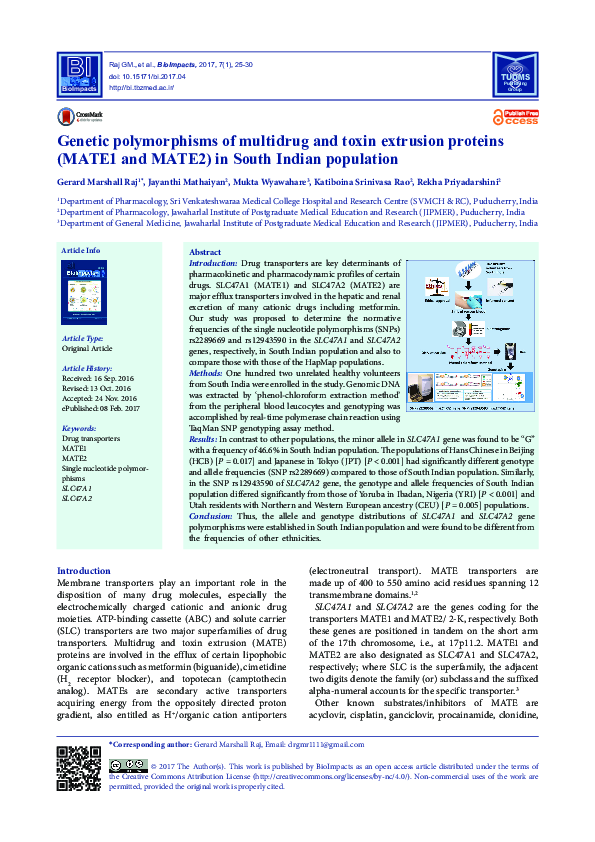 (PDF) Genetic polymorphisms of multidrug and toxin extrusion proteins (MATE1 and MATE2) in South ...