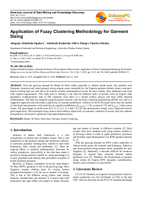 Pdf Application Of Fuzzy Clustering Methodology For Garment Sizing