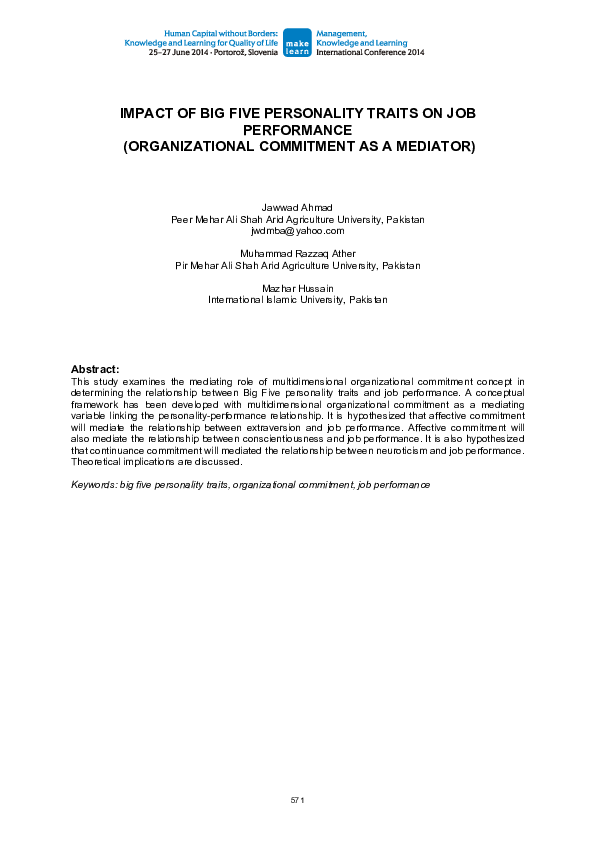 (PDF) Impact of Big Five Personality Traits on Job Performance