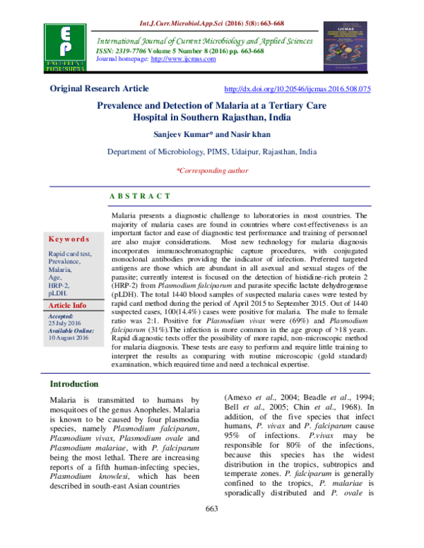 (PDF) Prevalence and Detection of Malaria at a Tertiary Care Hospital ...