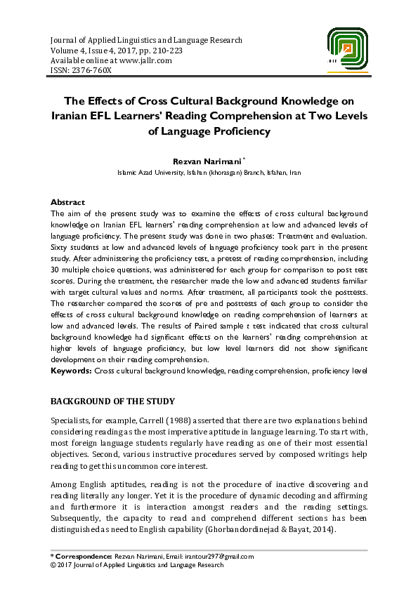 Pdf Cultural Knowledge Impact On Efl Reading