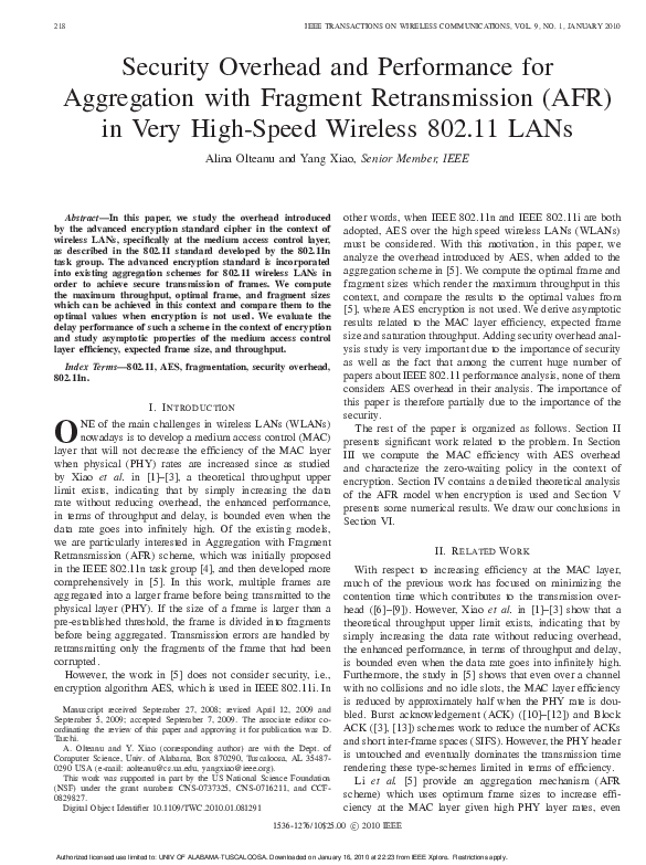 (PDF) Security overhead and performance for aggregation with fragment retransmission (AFR) in ...