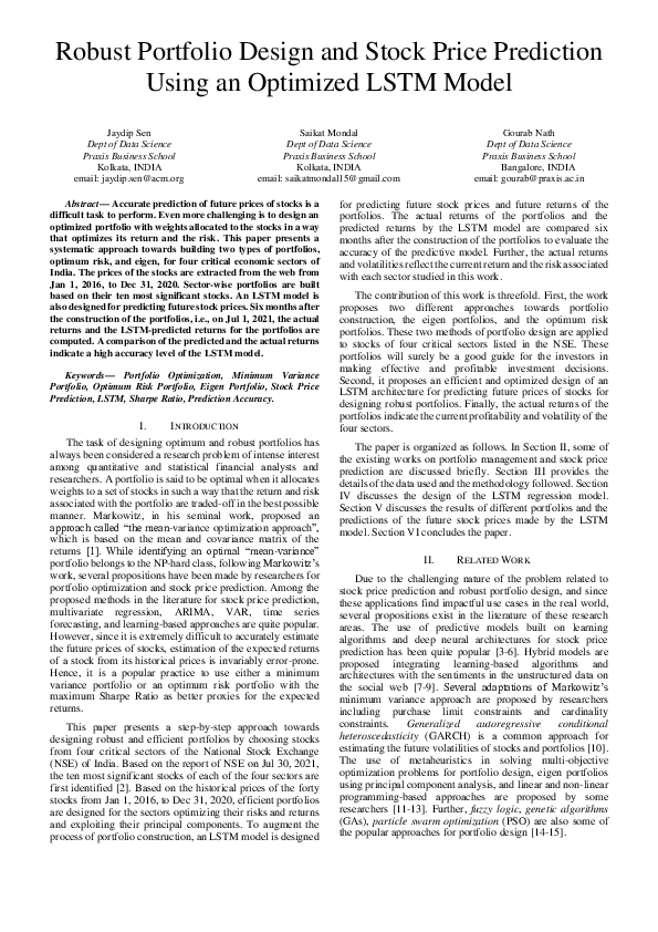 Pdf Robust Portfolio Design And Stock Price Prediction Using An Optimized Lstm Model