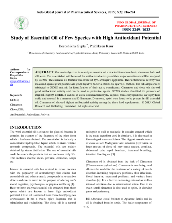(PDF) Study of Essential Oil of Few Species with High Antioxidant Potential