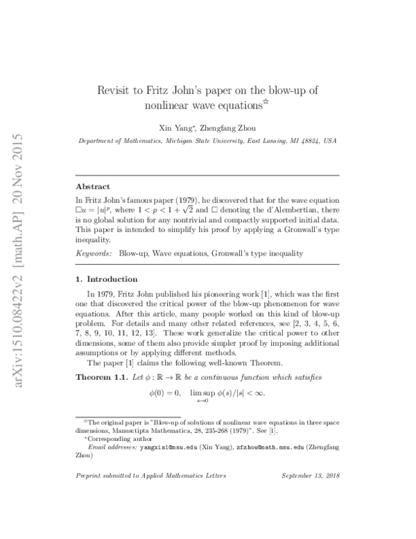 (PDF) Revisit to Fritz John’s paper on the blow-up of nonlinear wave ...