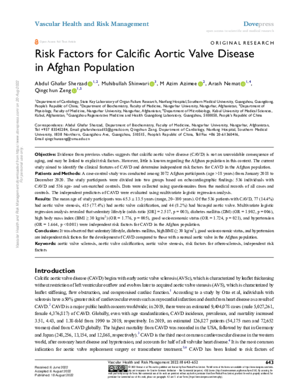 (PDF) Risk Factors for Calcific Aortic Valve Disease in Afghan Population