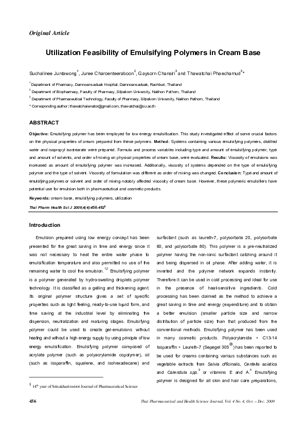 (PDF) Utilization Feasibility of Emulsifying Polymers in Cream Base