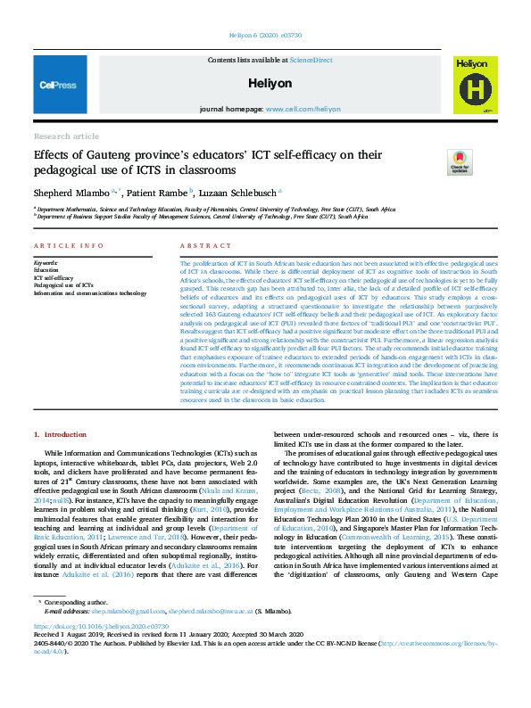 (PDF) Effects of Gauteng province’s educators’ ICT self-efficacy on their pedagogical use of ...
