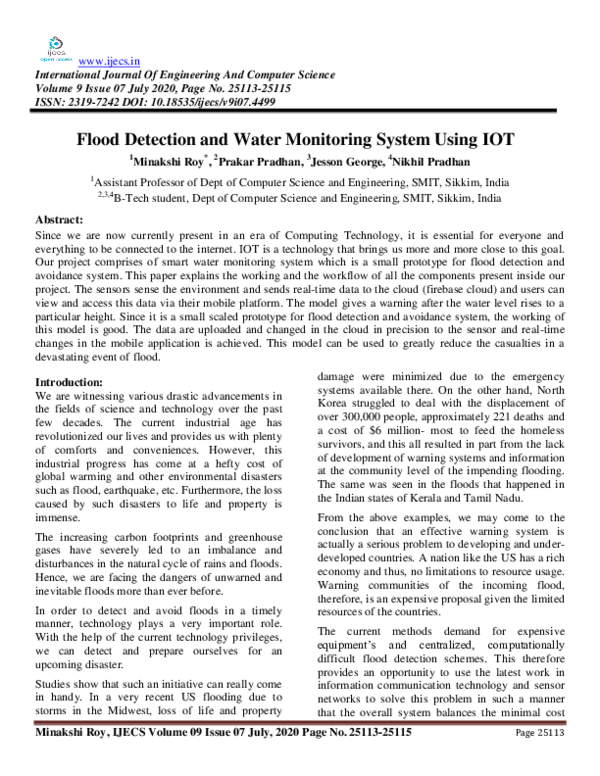 Pdf Flood Detection And Water Monitoring System Using Iot