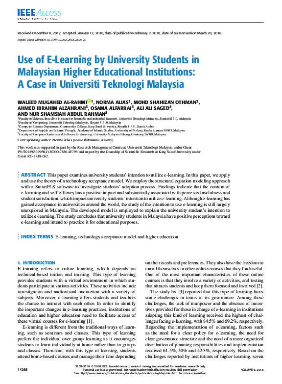 (PDF) Use of E-Learning by University Students in Malaysian Higher Educational Institutions: A ...