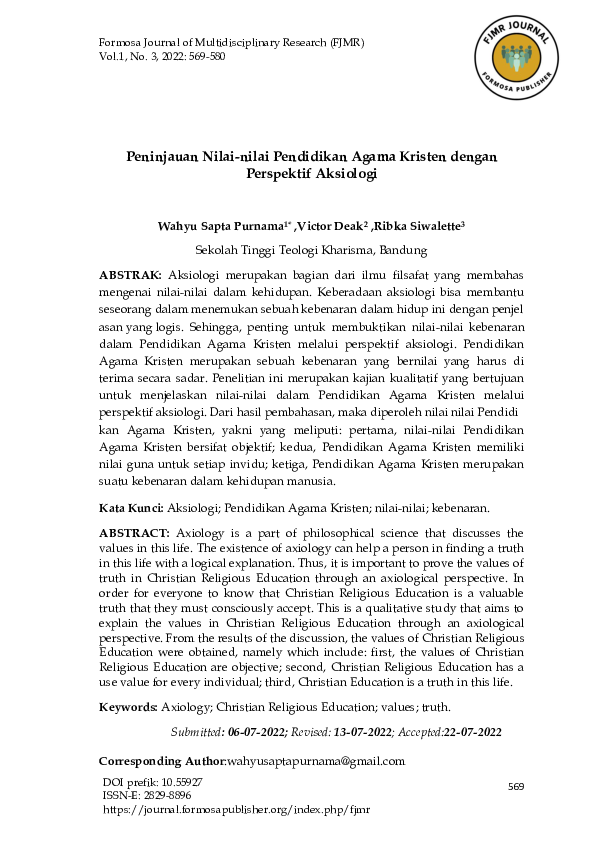 (PDF) Peninjauan Nilai-nilai Pendidikan Agama Kristen dengan Perspektif Aksiologi