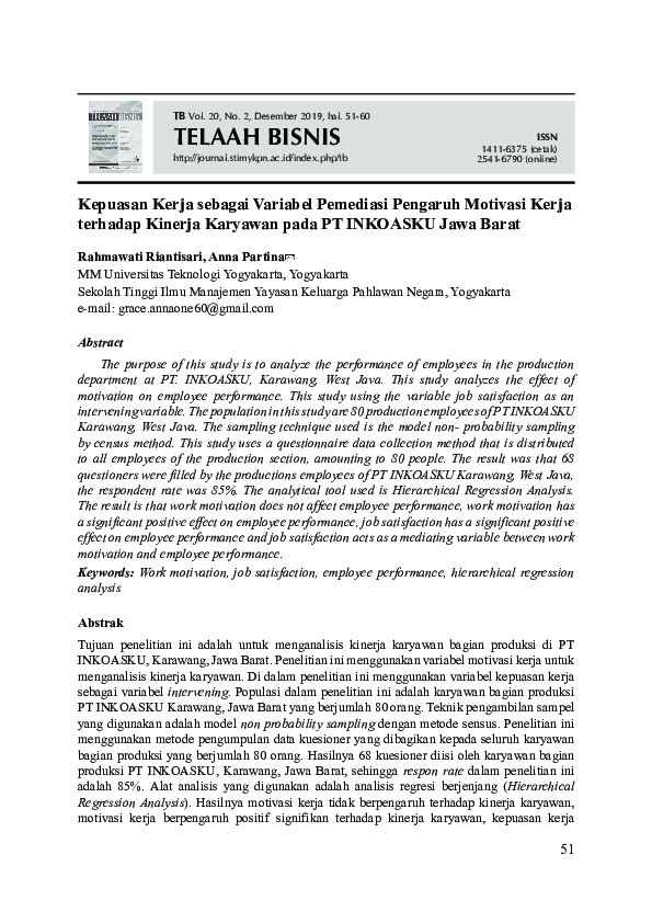 (PDF) Kepuasan Kerja sebagai Variabel Pemediasi Pengaruh Motivasi Kerja ...