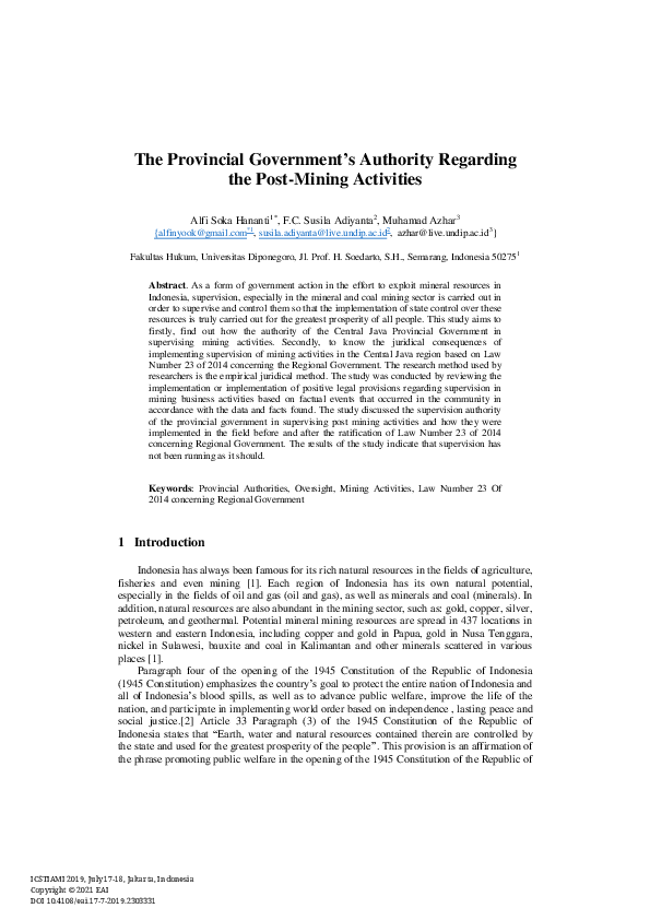 (PDF) The Provincial Government’s Authority Regarding the Post-Mining ...
