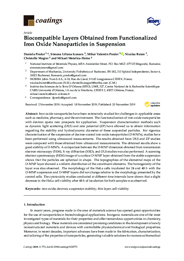 (PDF) Biocompatible Layers Obtained from Functionalized Iron Oxide Nanoparticles in Suspension