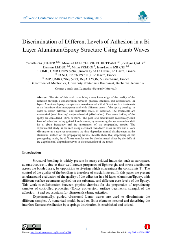 (PDF) Discrimination of Different Levels of Adhesion in a Bi Layer Aluminum/Epoxy Structure ...