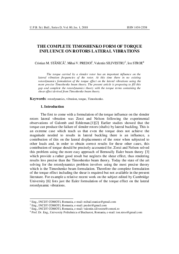 (PDF) The Complete Timoshenko Form of Torque Influence on Rotors ...