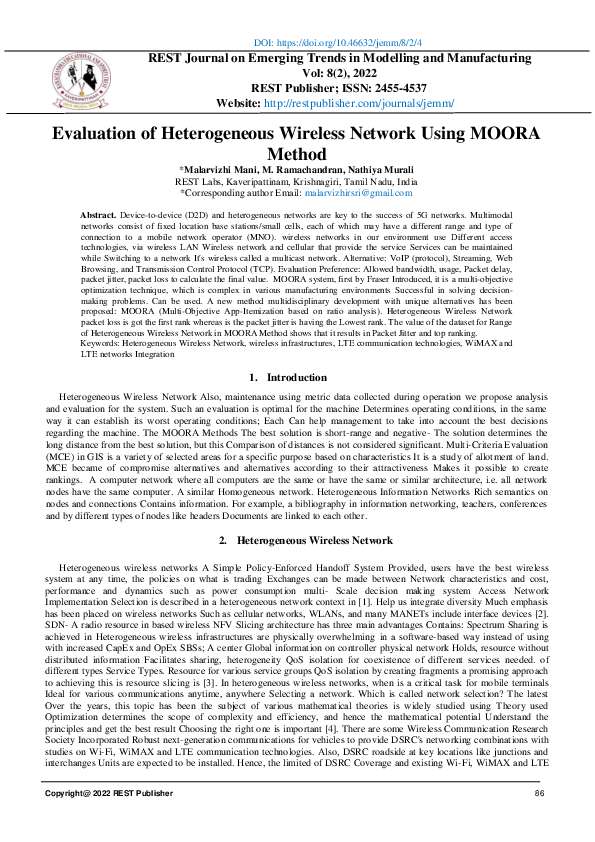 (PDF) Evaluation of Heterogeneous Wireless Network Using MOORA Method | Malarvizhi Mani and Dr ...