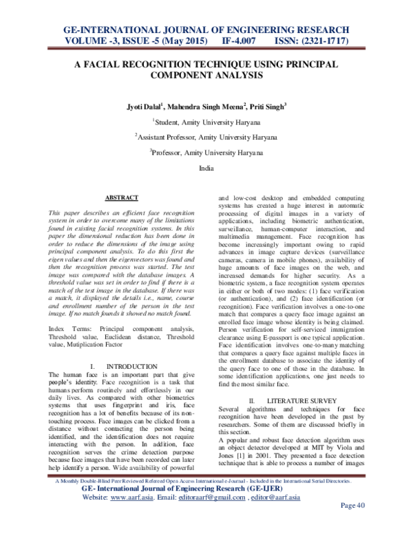 Pdf A Facial Recognition Technique Using Principal Component Analysis
