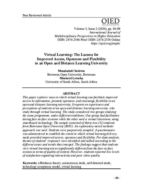 (PDF) Virtual Learning: The Lacuna for Improved Access, Openness and ...