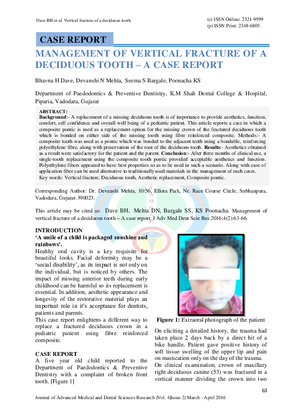 (PDF) Management of Vertical Fracture of a Deciduous Tooth - a Case Report