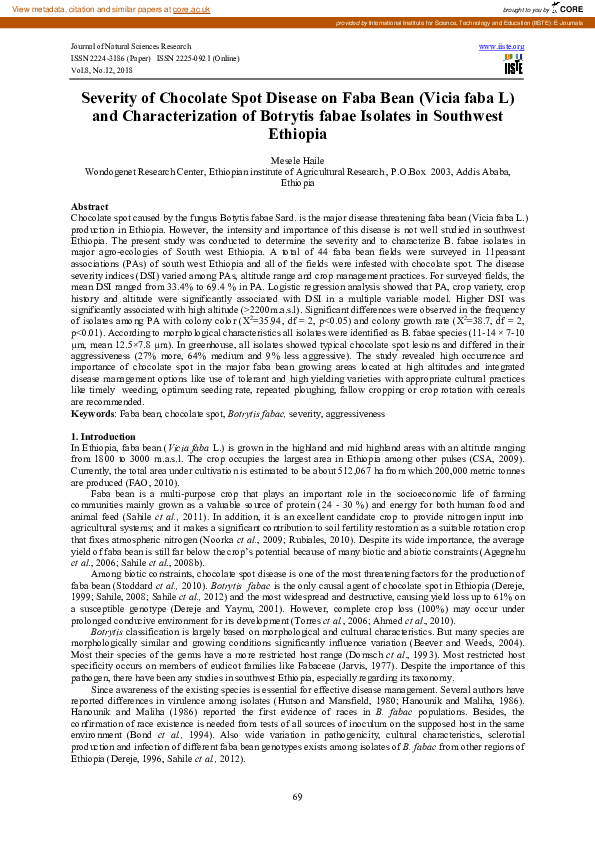 (PDF) Severity of Chocolate Spot Disease on Faba Bean (Vicia faba L) and Characterization of ...