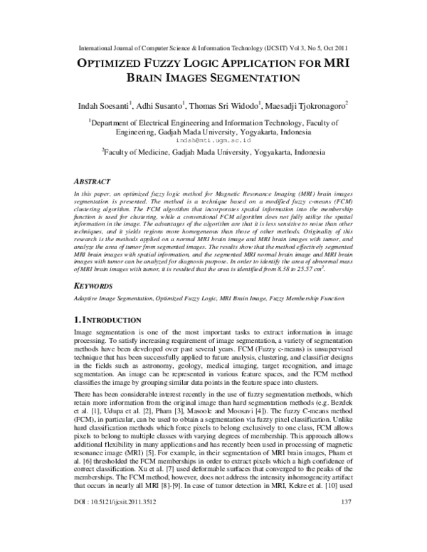 (PDF) Optimized Fuzzy Logic Application for MRI Brain Images Segmentation