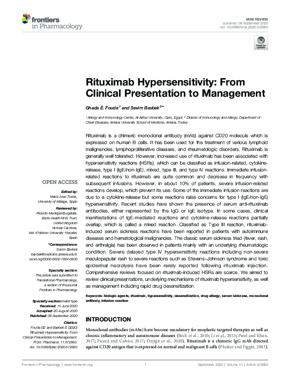 (PDF) Rituximab Hypersensitivity: From Clinical Presentation to Management