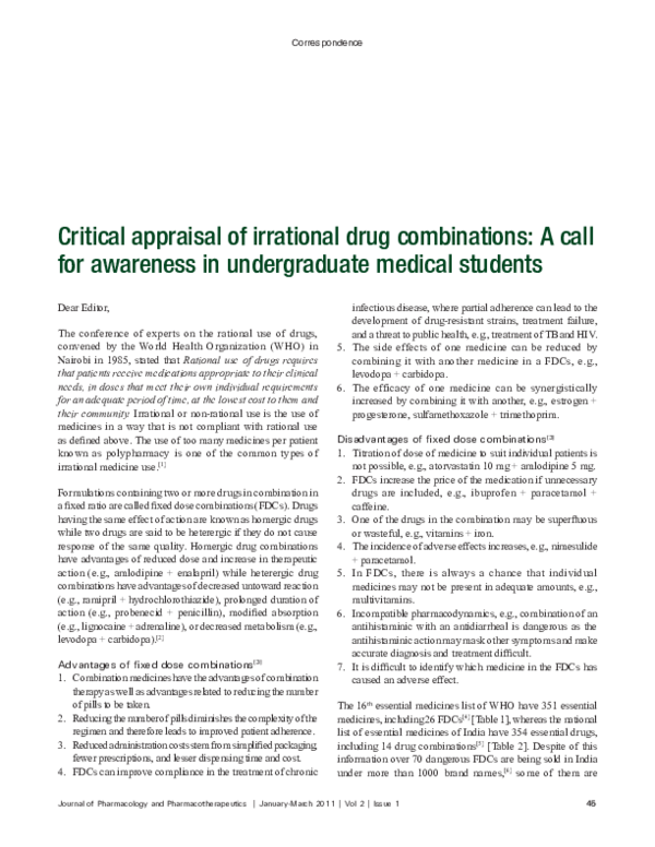 (PDF) Critical appraisal of irrational drug combinations: A call for ...