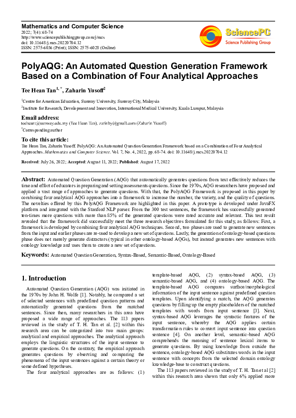 Pdf Polyaqg An Automated Question Generation Framework Based On A Combination Of Four