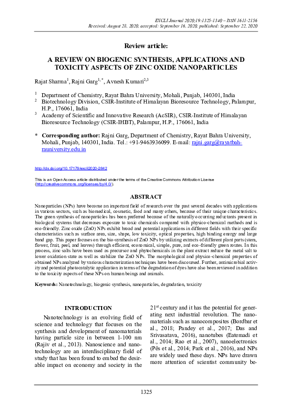 (PDF) A review on biogenic synthesis, applications and toxicity aspects of zinc oxide nanoparticles