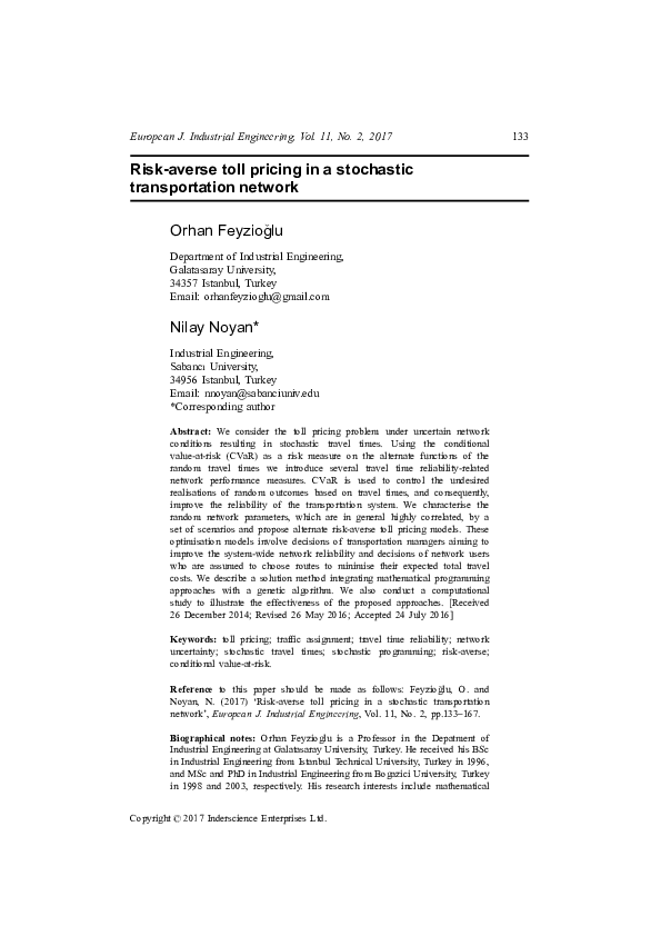 Pdf Risk Averse Toll Pricing In A Stochastic Transportation Network
