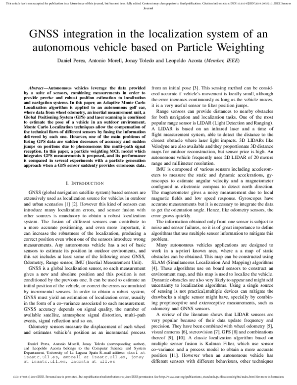 Pdf Gnss Integration In The Localization System Of An Autonomous Vehicle Based On Particle