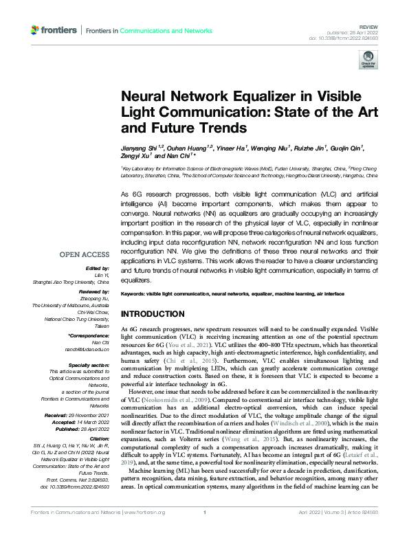 Pdf Neural Network Equalizer In Visible Light Communication State Of The Art And Future Trends