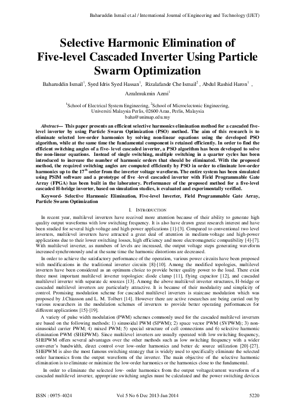 (PDF) Selective Harmonic Elimination of Five-level Cascaded Inverter Using Particle Swarm ...