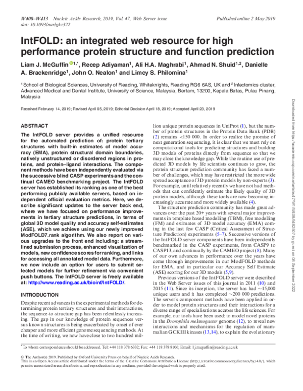 (PDF) IntFOLD: an integrated web resource for high performance protein structure and function ...