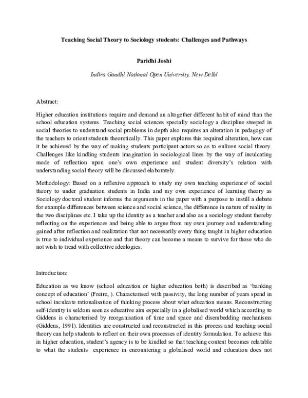 (PDF) Teaching Social Theory to Sociology Students: Challenges and Pathways