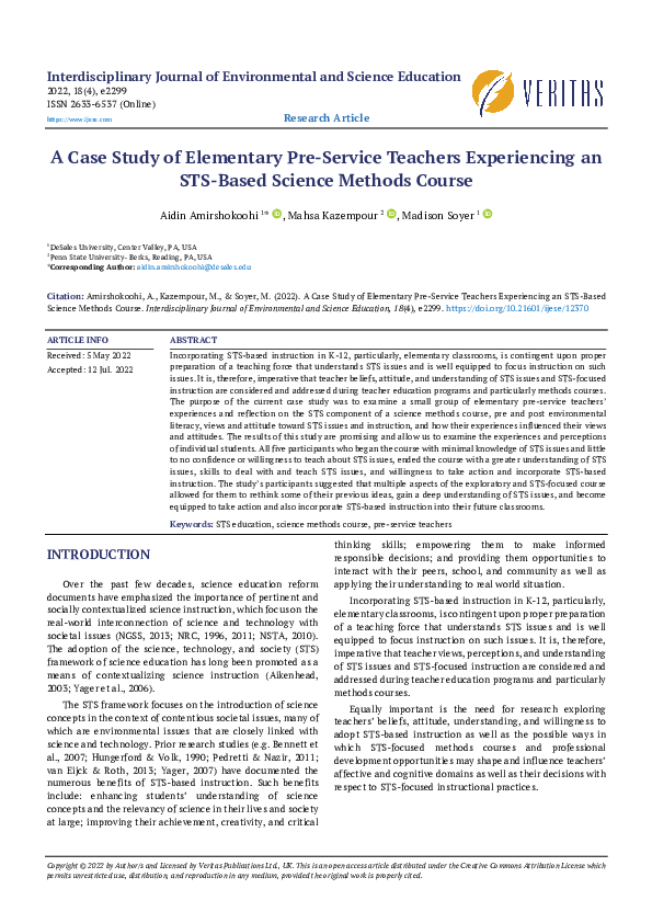 (PDF) A Case Study of Elementary Pre-Service Teachers Experiencing an STS-Based Science Methods ...