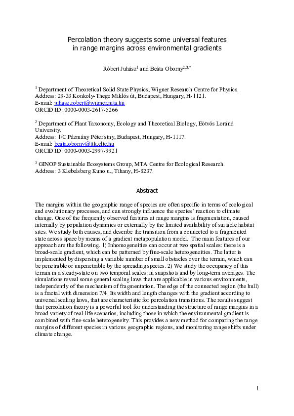 (PDF) Percolation theory suggests some universal features in range margins across environmental ...