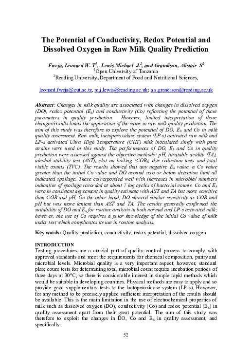 (PDF) The Potential of Conductivity, Redox Potential and Dissolved Oxygen in Raw Milk Quality ...