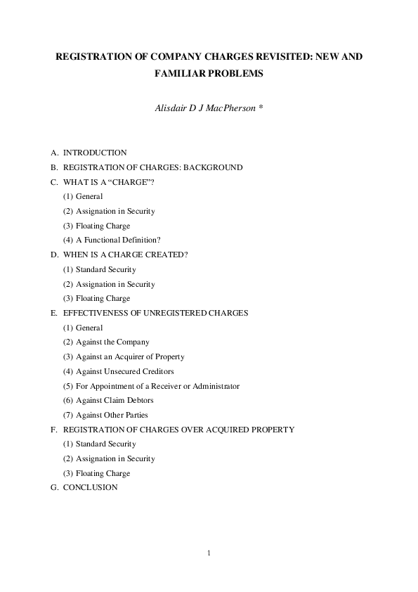 (PDF) Registration of Company Charges Revisited: New and Familiar Problems