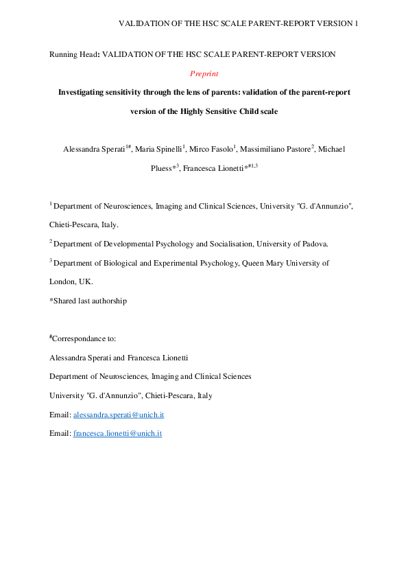 (PDF) Investigating Sensitivity through the Lens of Parents: Validation of the Parent-Report ...