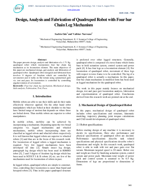 (PDF) Design , Analysis and Fabrication of Quadruped Robot with Four bar Chain Leg Mechanism