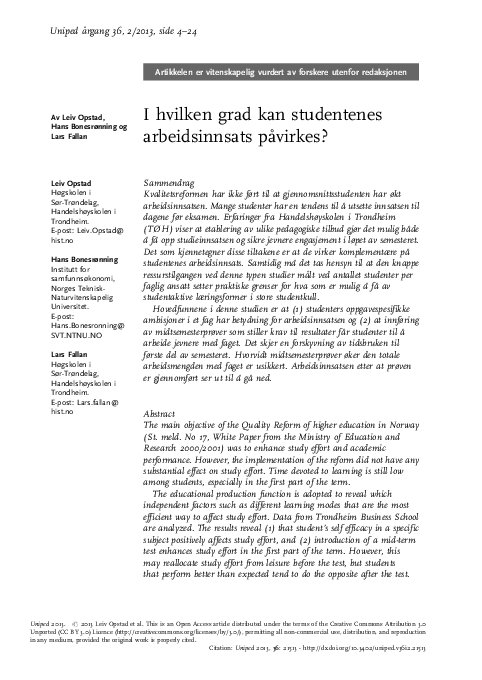 (PDF) I hvilken grad kan studentenes arbeidsinnsats påvirkes? | Hans Bonesrønning - Academia.edu