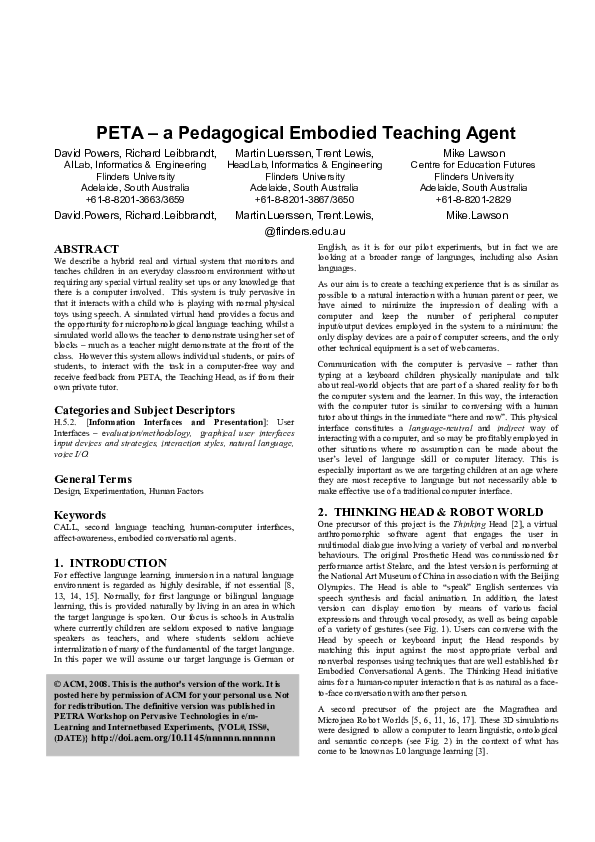 (PDF) PETA - A pedagogical embodied teaching agent
