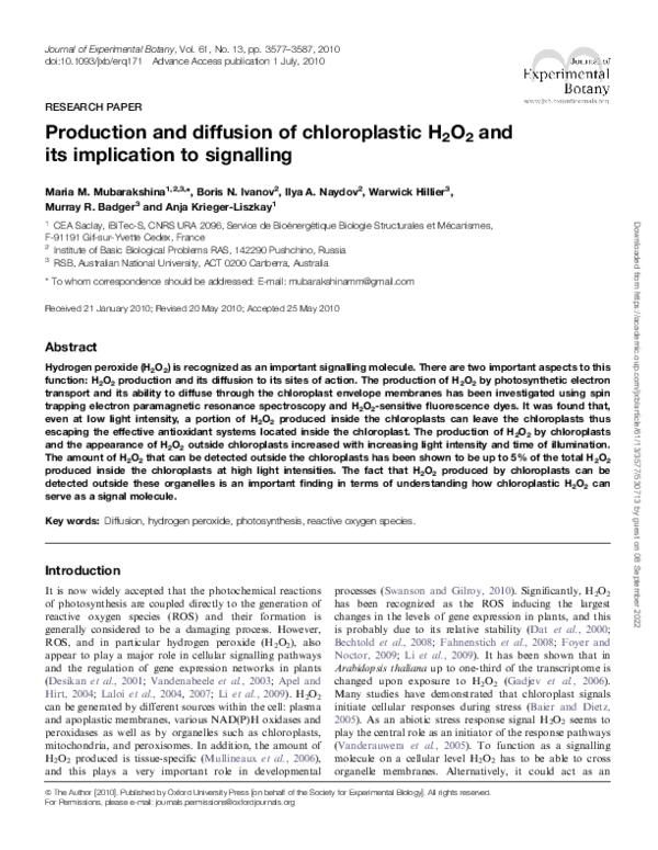 (PDF) Production and diffusion of chloroplastic H2O2 and its ...