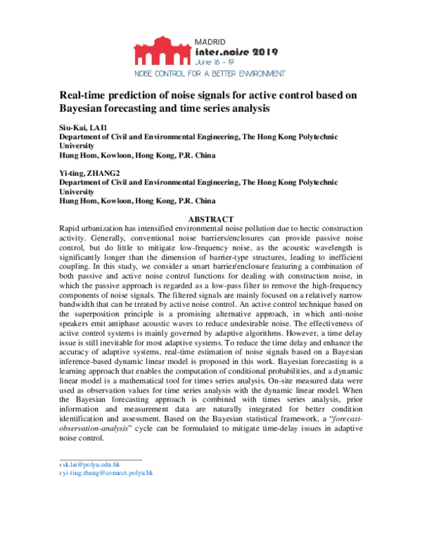 Real Time Prediction Of Noise Signals For Active Control Based On Bayesian Forecasting And Time