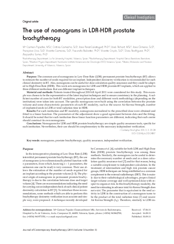 (PDF) The use of nomograms in LDR-HDR prostate brachytherapy