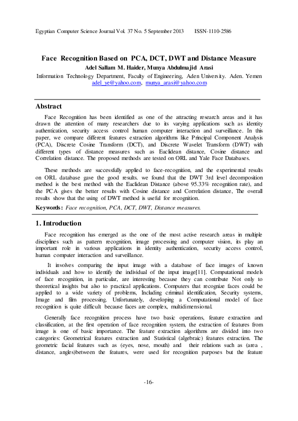 (PDF) Face Recognition Based on PCA , DCT , DWT and Distance Measure | Munya A Arasi - Academia.edu