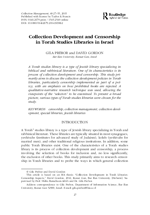 (PDF) Collection Development and Censorship in Torah Studies Libraries ...