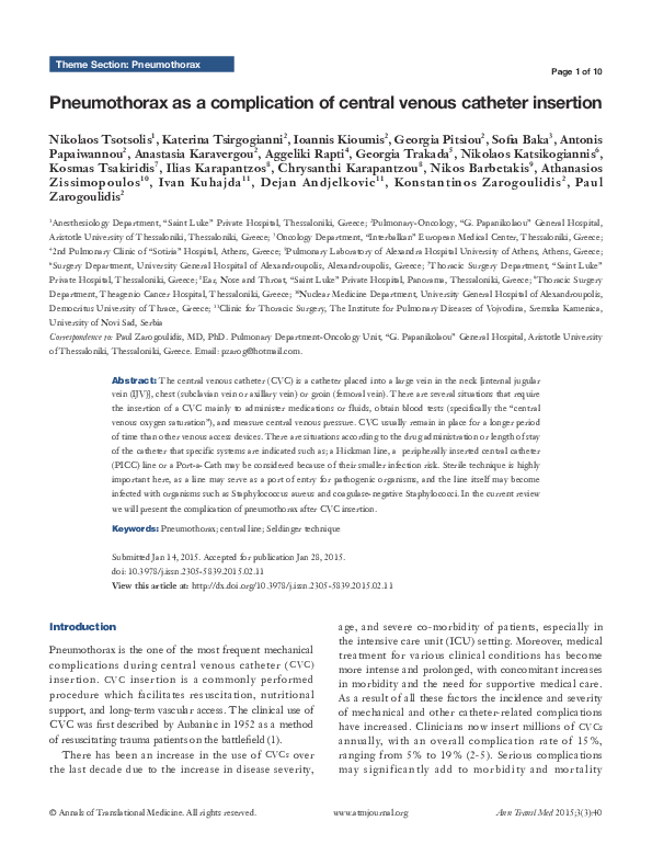 (PDF) Pneumothorax as a complication of central venous catheter insertion